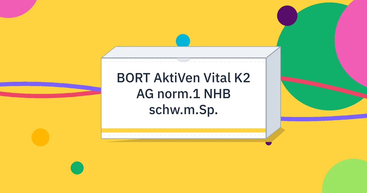 Symbolbild: Packung mit der Aufschrift BORT AktiVen Vital K2 AG norm.1 NHB schw.m.Sp. (PZN 12384974) – Verfügbarkeit und Bezug in Apotheken in Frankfurt am Main