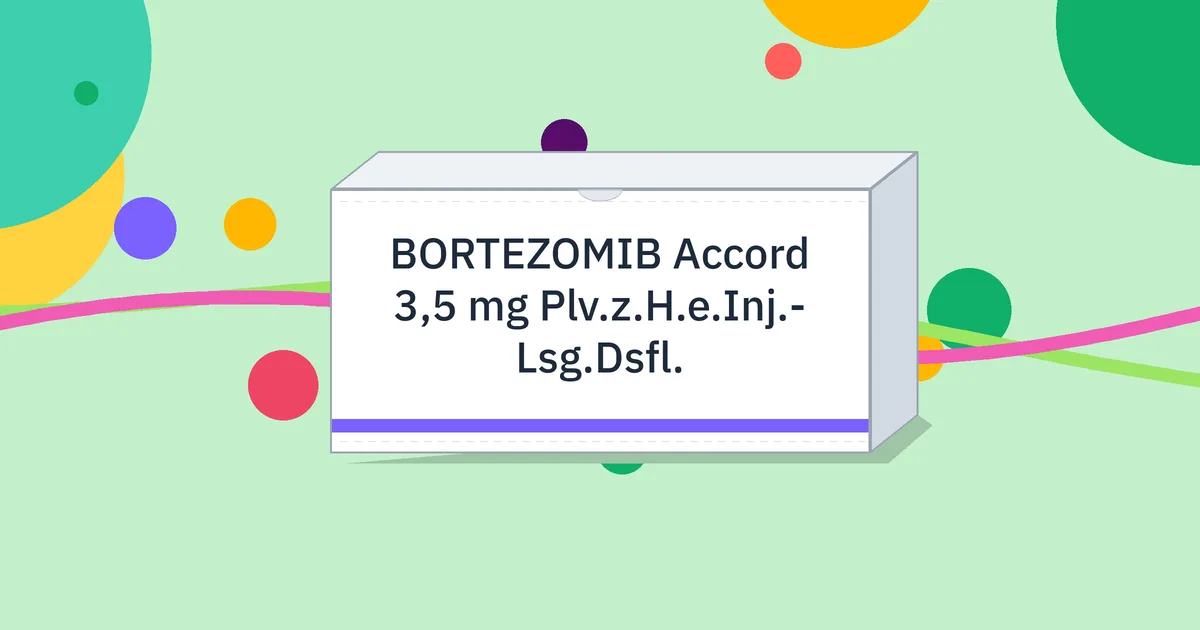 Symbolbild: Packung mit der Aufschrift BORTEZOMIB Accord 3,5 mg Plv.z.H.e.Inj.-Lsg.Dsfl. (PZN 16679011) – Verfügbarkeit und Bezug in Apotheken in Frankfurt am Main