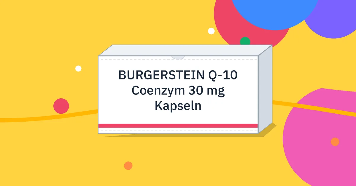 Symbolbild: Packung mit der Aufschrift BURGERSTEIN Q-10 Coenzym 30 mg Kapseln (PZN 14303589) – Verfügbarkeit und Bezug in Apotheken in Frankfurt am Main