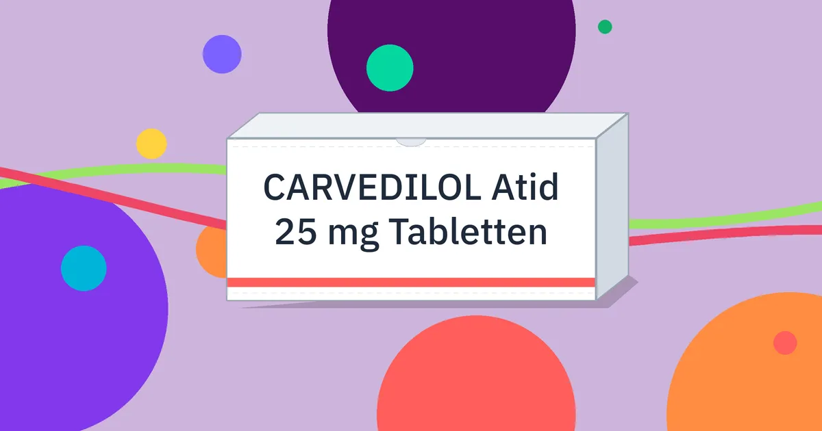 Symbolbild: Packung mit der Aufschrift CARVEDILOL Atid 25 mg Tabletten (PZN 00633998) – Verfügbarkeit und Bezug in Apotheken in Frankfurt am Main