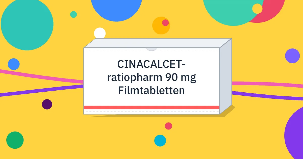 Symbolbild: Packung mit der Aufschrift CINACALCET-ratiopharm 90 mg Filmtabletten (PZN 16129977) – Verfügbarkeit und Bezug in Apotheken in Frankfurt am Main