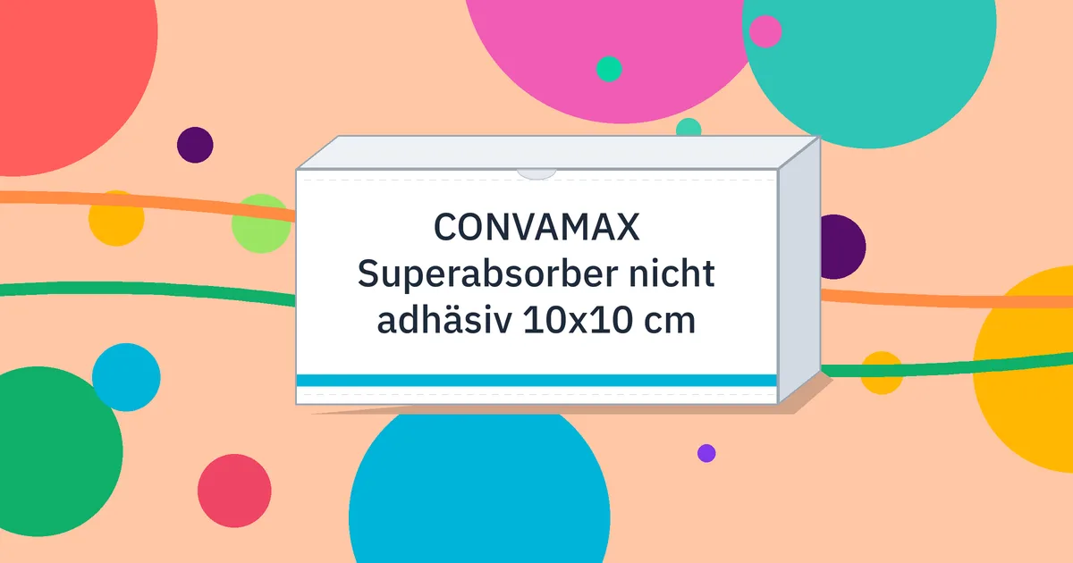Symbolbild: Packung mit der Aufschrift CONVAMAX Superabsorber nicht adhäsiv 10x10 cm (PZN 20123816) – Verfügbarkeit und Bezug in Apotheken in Frankfurt am Main