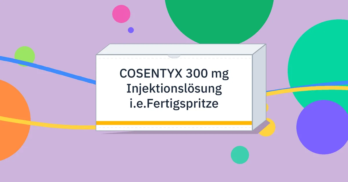 Symbolbild: Packung mit der Aufschrift COSENTYX 300 mg Injektionslösung i.e.Fertigspritze (PZN 17623774) – Verfügbarkeit und Bezug in Apotheken in Frankfurt am Main
