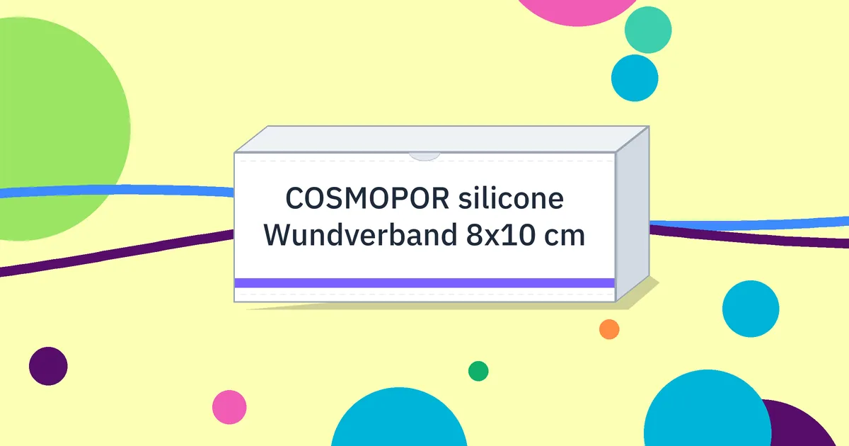 Symbolbild: Packung mit der Aufschrift COSMOPOR silicone Wundverband 8x10 cm (PZN 18729842) – Verfügbarkeit und Bezug in Apotheken in Frankfurt am Main