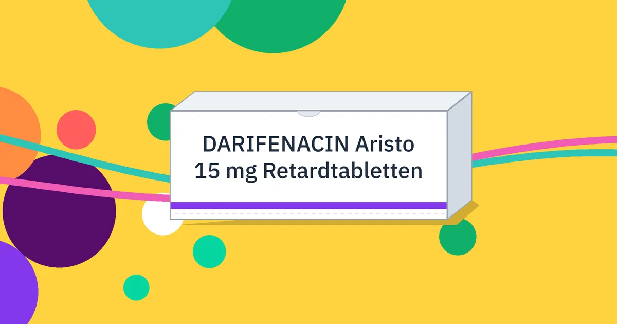 Symbolbild: Packung mit der Aufschrift DARIFENACIN Aristo 15 mg Retardtabletten (PZN 15640610) – Verfügbarkeit und Bezug in Apotheken in Frankfurt am Main