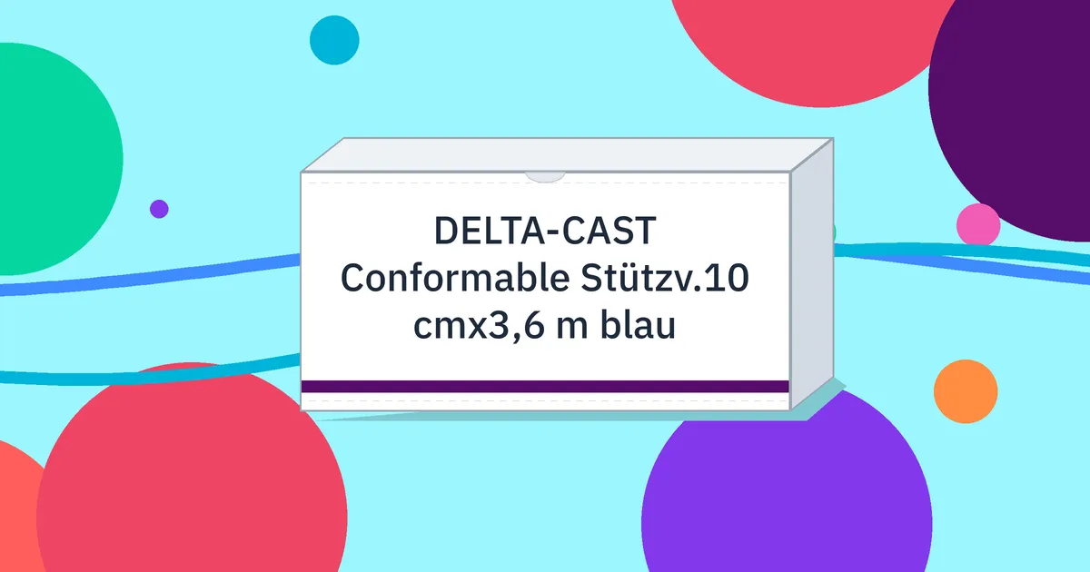Symbolbild: Packung mit der Aufschrift DELTA-CAST Conformable Stützv.10 cmx3,6 m blau (PZN 04590932) – Verfügbarkeit und Bezug in Apotheken in Frankfurt am Main