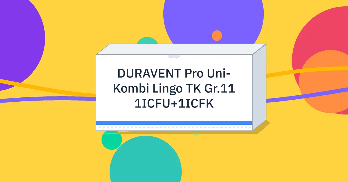 Symbolbild: Packung mit der Aufschrift DURAVENT Pro Uni-Kombi Lingo TK Gr.11 1ICFU+1ICFK (PZN 19242639) – Verfügbarkeit und Bezug in Apotheken in Frankfurt am Main