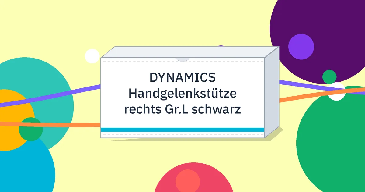 Symbolbild: Packung mit der Aufschrift DYNAMICS Handgelenkstütze rechts Gr.L schwarz (PZN 10633404) – Verfügbarkeit und Bezug in Apotheken in Frankfurt am Main