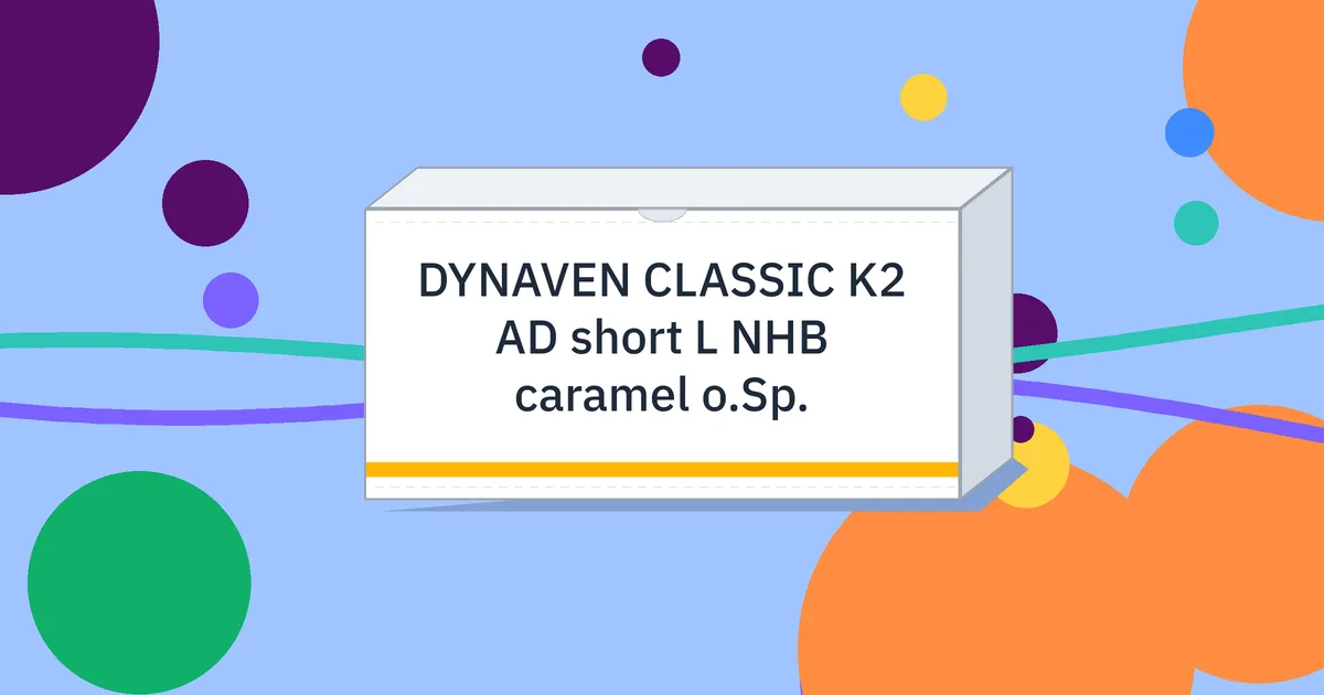Symbolbild: Packung mit der Aufschrift DYNAVEN CLASSIC K2 AD short L NHB caramel o.Sp. (PZN 18417551) – Verfügbarkeit und Bezug in Apotheken in Frankfurt am Main
