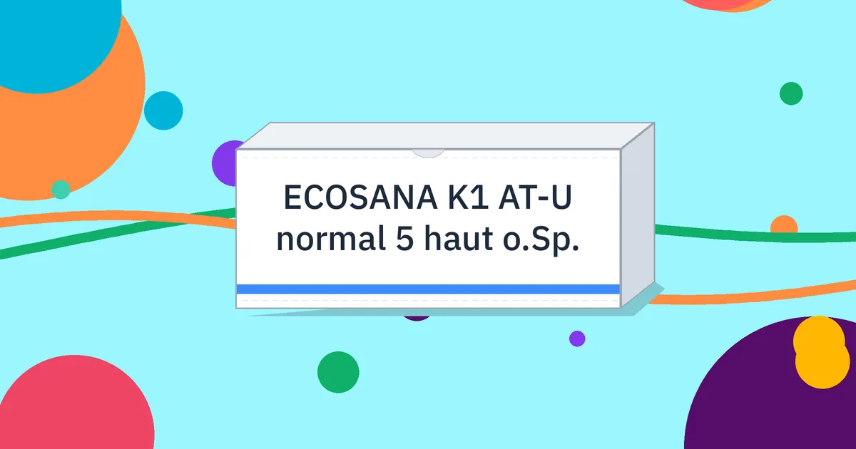 Symbolbild: Packung mit der Aufschrift ECOSANA K1 AT-U normal 5 haut o.Sp. (PZN 04734615) – Verfügbarkeit und Bezug in Apotheken in Frankfurt am Main