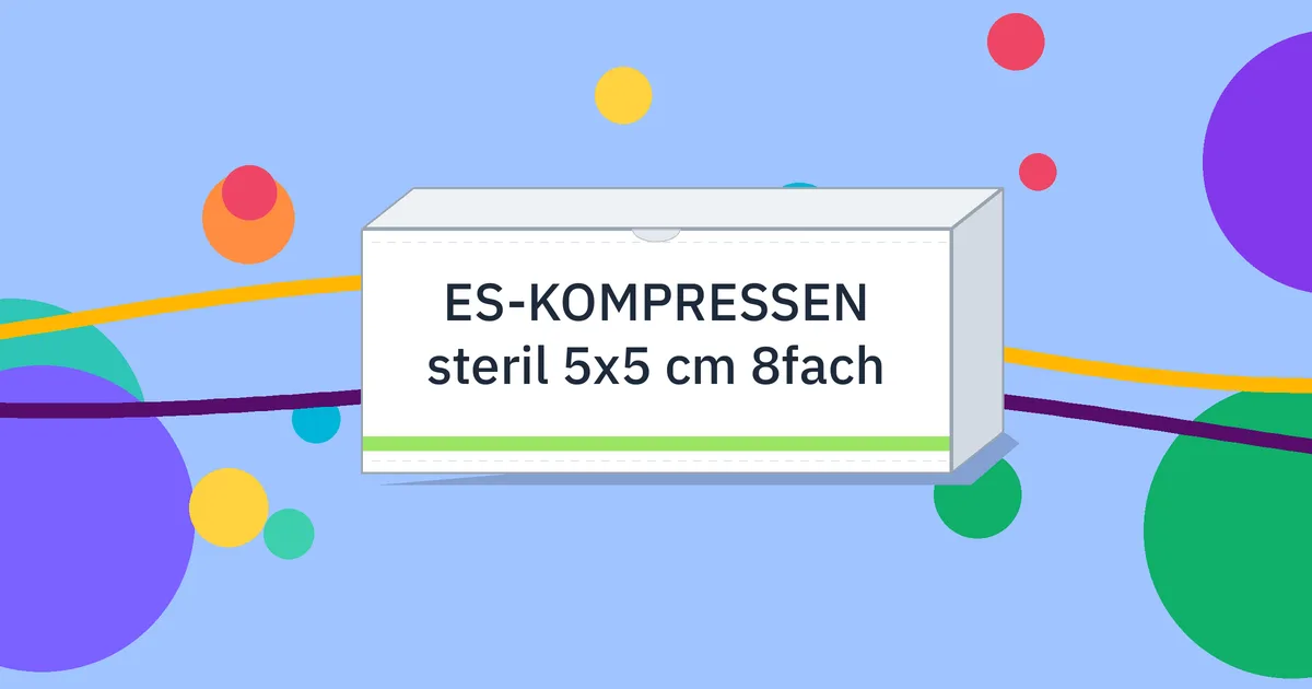 Symbolbild: Packung mit der Aufschrift ES-KOMPRESSEN steril 5x5 cm 8fach (PZN 20516639) – Verfügbarkeit und Bezug in Apotheken in Frankfurt am Main