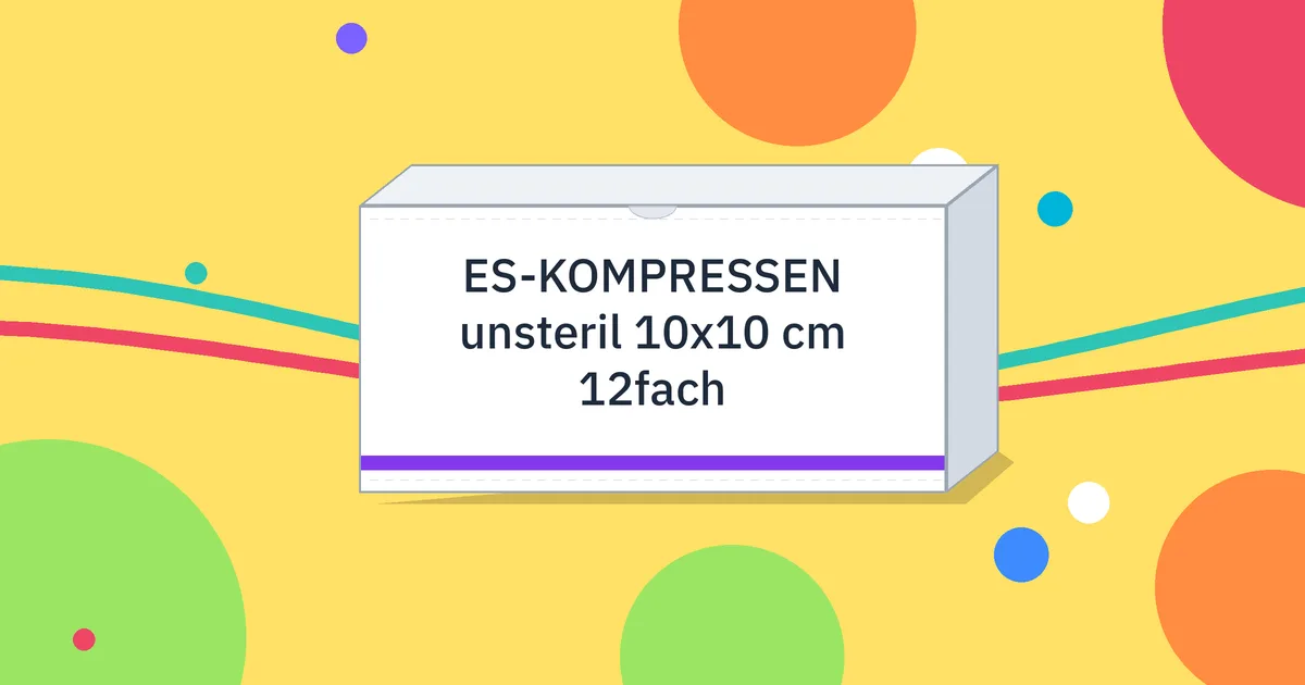 Symbolbild: Packung mit der Aufschrift ES-KOMPRESSEN unsteril 10x10 cm 12fach (PZN 19975336) – Verfügbarkeit und Bezug in Apotheken in Frankfurt am Main