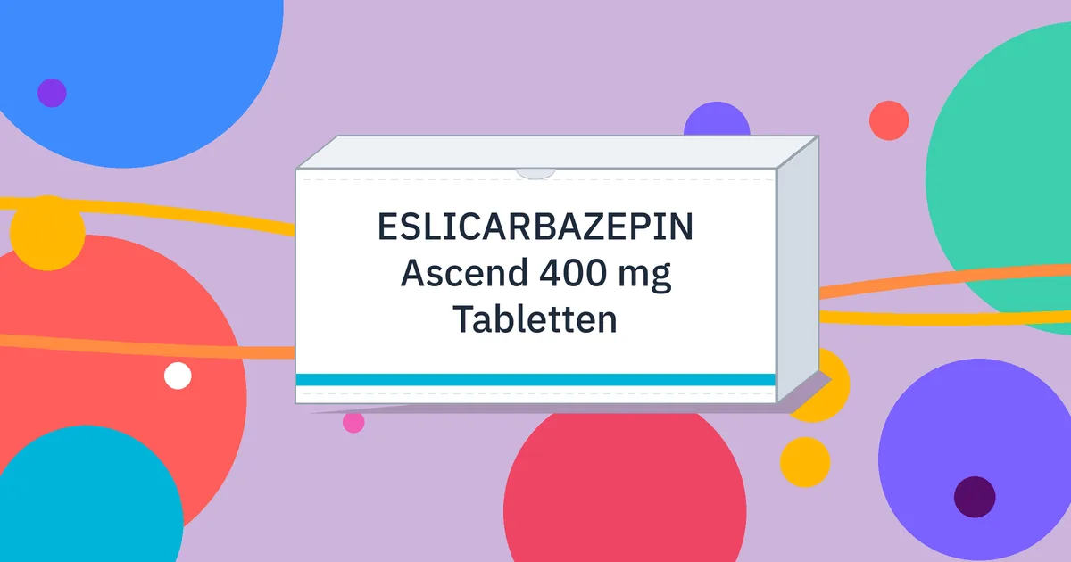 Symbolbild: Packung mit der Aufschrift ESLICARBAZEPIN Ascend 400 mg Tabletten (PZN 17849283) – Verfügbarkeit und Bezug in Apotheken in Frankfurt am Main