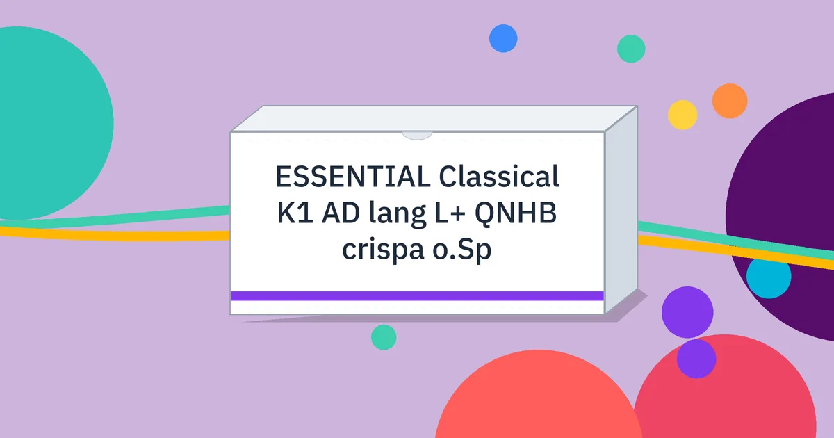 Symbolbild: Packung mit der Aufschrift ESSENTIAL Classical K1 AD lang L+ QNHB crispa o.Sp (PZN 18866504) – Verfügbarkeit und Bezug in Apotheken in Frankfurt am Main