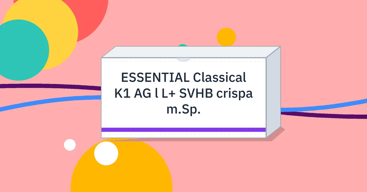Symbolbild: Packung mit der Aufschrift ESSENTIAL Classical K1 AG l L+ SVHB crispa m.Sp. (PZN 18420926) – Verfügbarkeit und Bezug in Apotheken in Frankfurt am Main