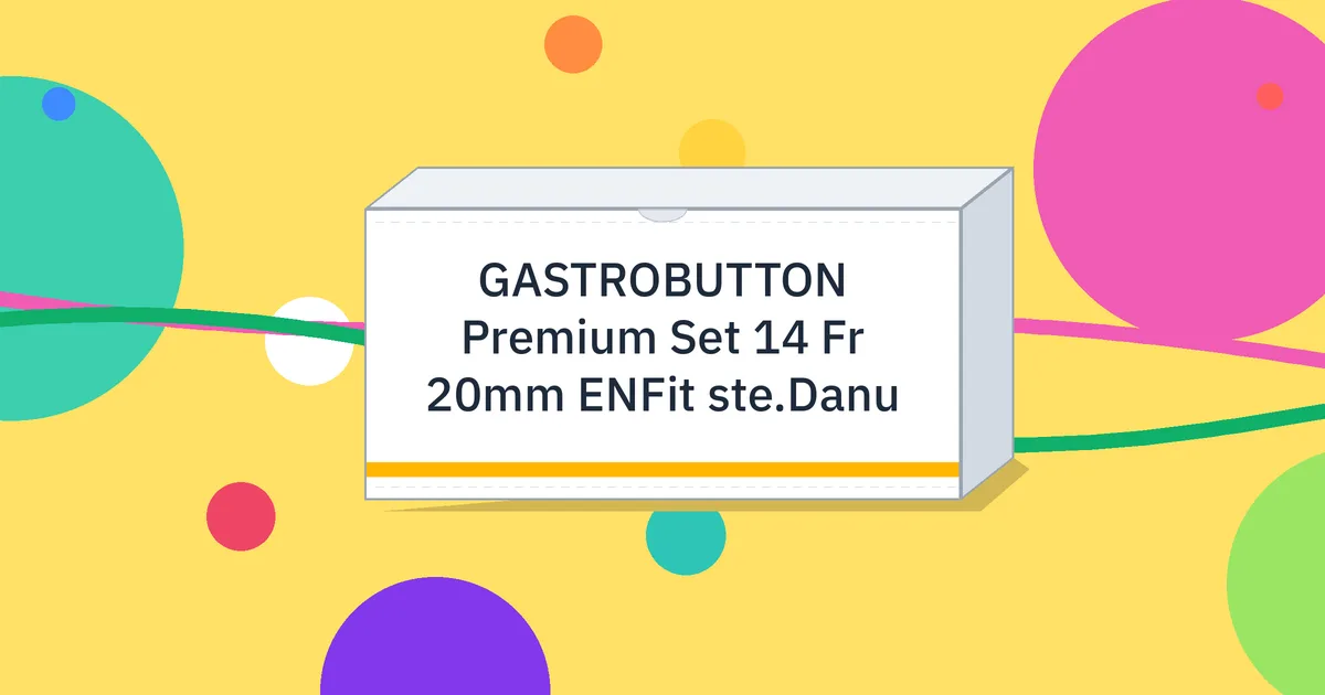 Symbolbild: Packung mit der Aufschrift GASTROBUTTON Premium Set 14 Fr 20mm ENFit ste.Danu (PZN 16883438) – Verfügbarkeit und Bezug in Apotheken in Frankfurt am Main