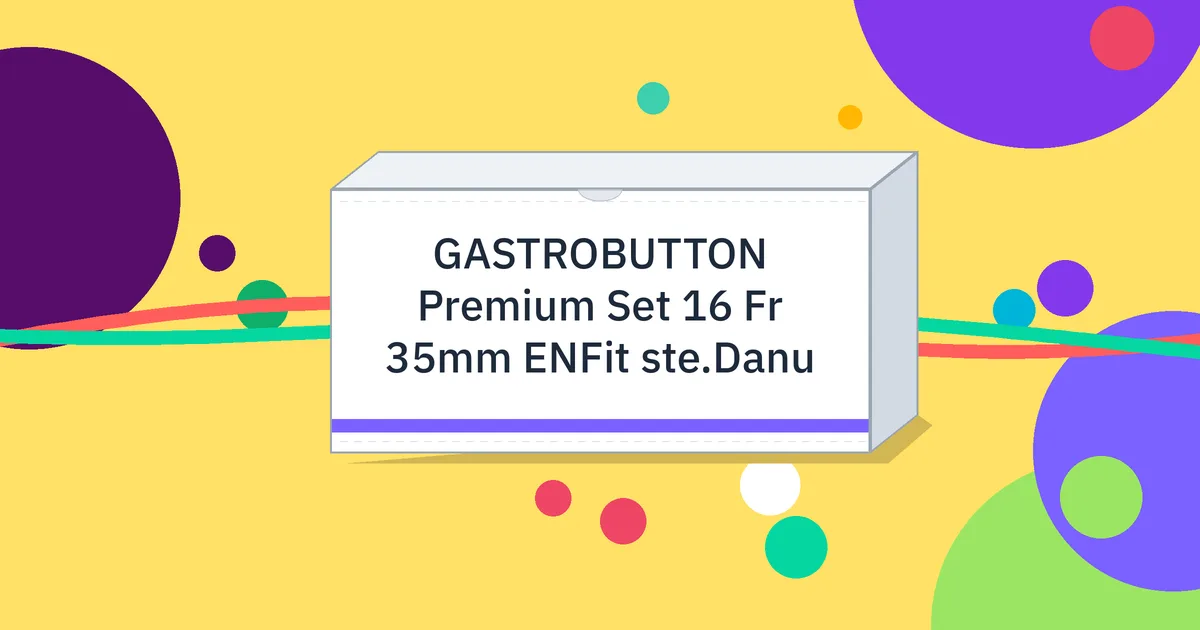 Symbolbild: Packung mit der Aufschrift GASTROBUTTON Premium Set 16 Fr 35mm ENFit ste.Danu (PZN 16883668) – Verfügbarkeit und Bezug in Apotheken in Frankfurt am Main