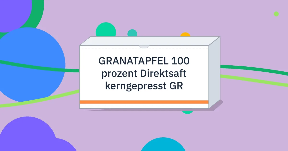 Symbolbild: Packung mit der Aufschrift GRANATAPFEL 100 prozent Direktsaft kerngepresst GR (PZN 13514172) – Verfügbarkeit und Bezug in Apotheken in Frankfurt am Main