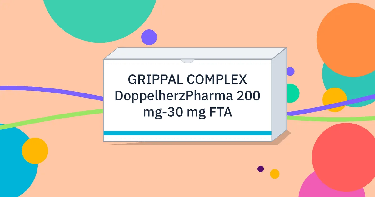 Symbolbild: Packung mit der Aufschrift GRIPPAL COMPLEX DoppelherzPharma 200 mg-30 mg FTA (PZN 14227641) – Verfügbarkeit und Bezug in Apotheken in Frankfurt am Main
