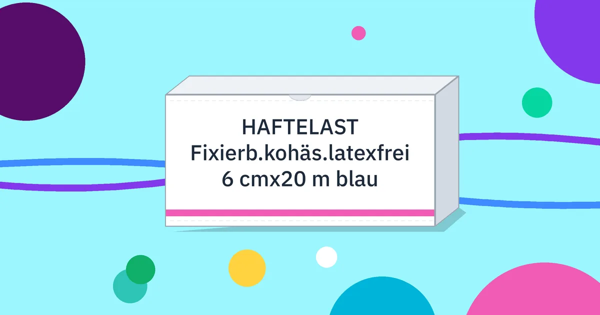 Symbolbild: Packung mit der Aufschrift HAFTELAST Fixierb.kohäs.latexfrei 6 cmx20 m blau (PZN 15998263) – Verfügbarkeit und Bezug in Apotheken in Frankfurt am Main