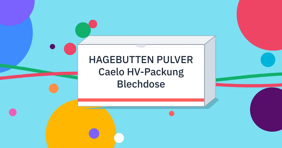 Symbolbild: Packung mit der Aufschrift HAGEBUTTEN PULVER Caelo HV-Packung Blechdose (PZN 19491354) – Verfügbarkeit und Bezug in Apotheken in Frankfurt am Main