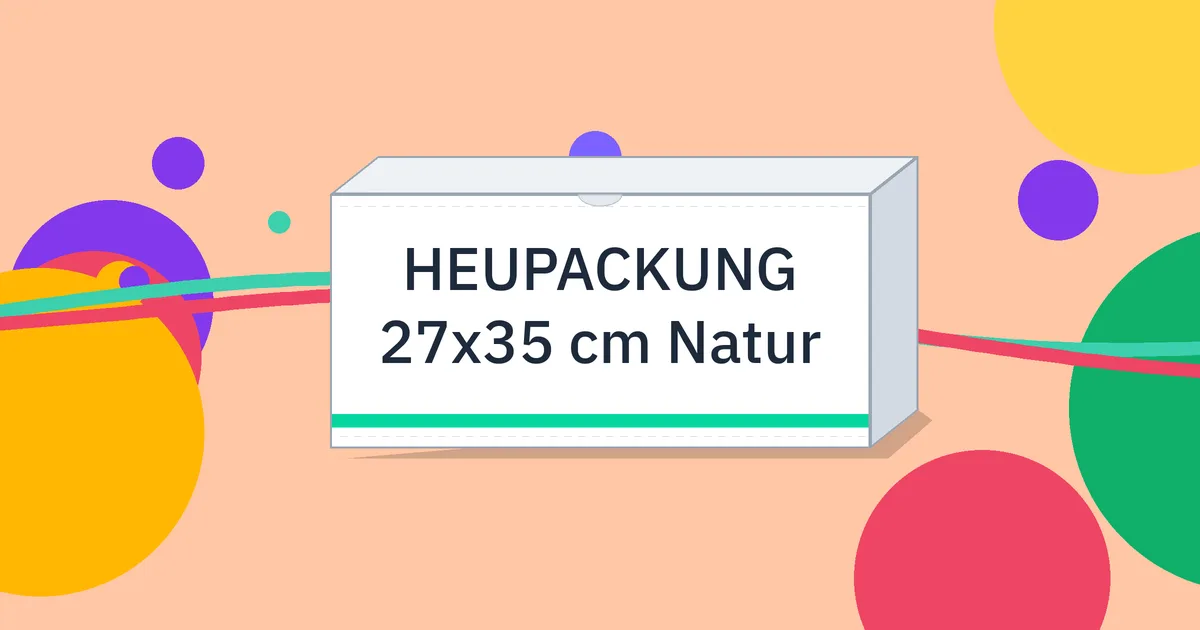 Symbolbild: Packung mit der Aufschrift HEUPACKUNG 27x35 cm Natur (PZN 04597058) – Verfügbarkeit und Bezug in Apotheken in Frankfurt am Main