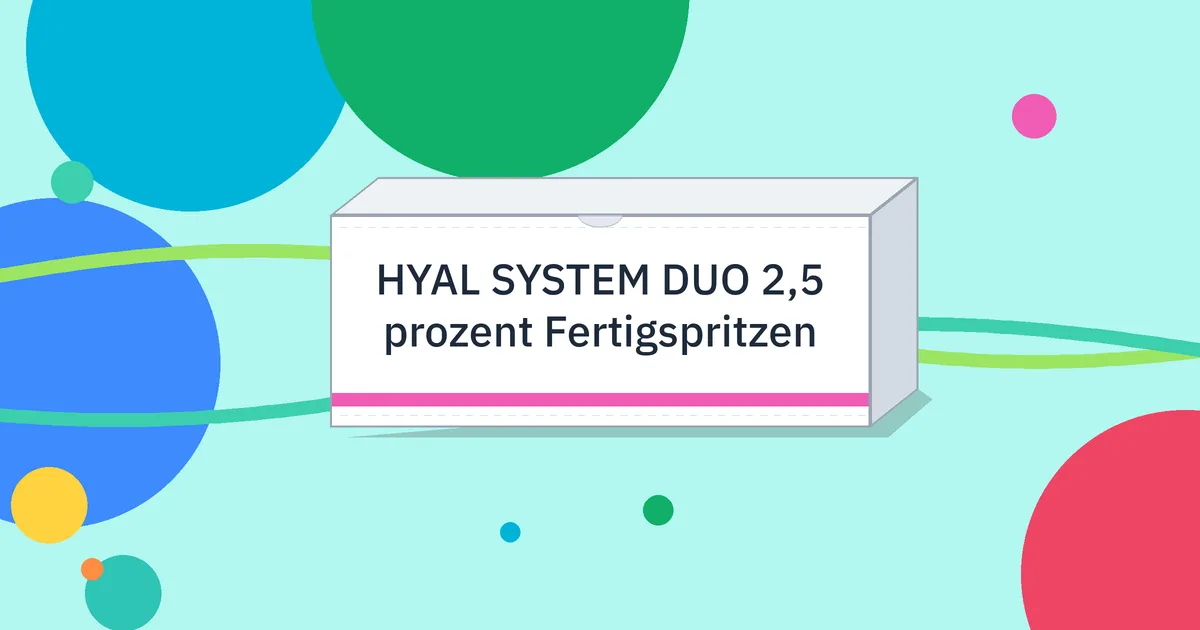 Symbolbild: Packung mit der Aufschrift HYAL SYSTEM DUO 2,5 prozent Fertigspritzen (PZN 19307362) – Verfügbarkeit und Bezug in Apotheken in Frankfurt am Main