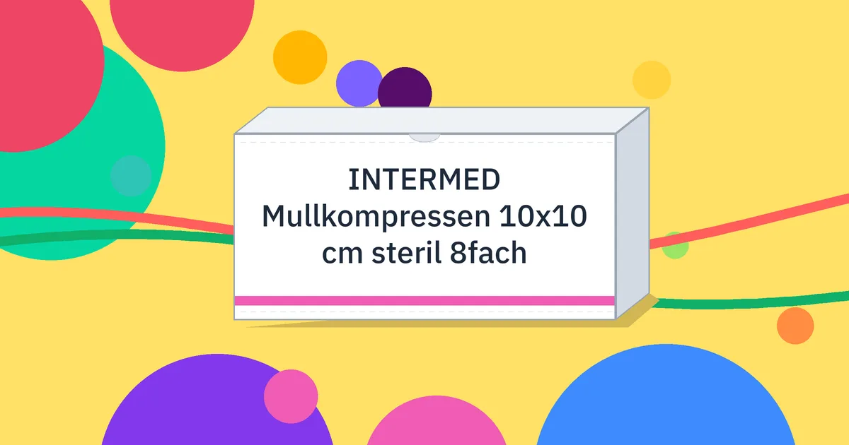 Symbolbild: Packung mit der Aufschrift INTERMED Mullkompressen 10x10 cm steril 8fach (PZN 02721382) – Verfügbarkeit und Bezug in Apotheken in Frankfurt am Main