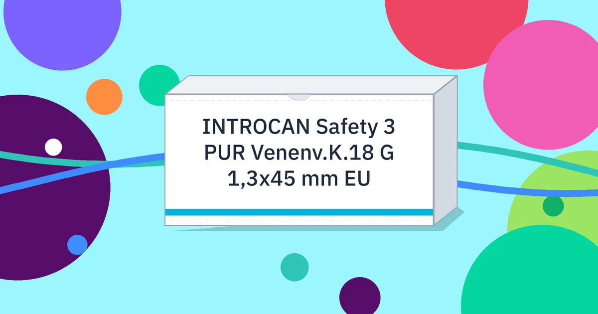 Symbolbild: Packung mit der Aufschrift INTROCAN Safety 3 PUR Venenv.K.18 G 1,3x45 mm EU (PZN 11868747) – Verfügbarkeit und Bezug in Apotheken in Frankfurt am Main