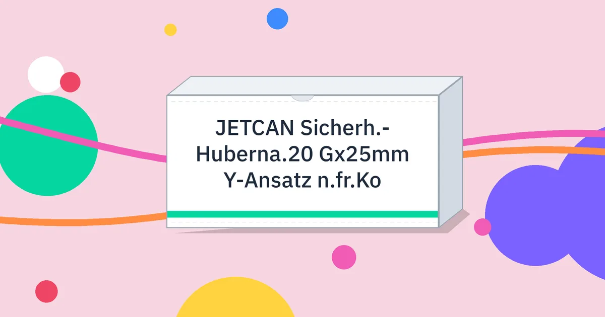 Symbolbild: Packung mit der Aufschrift JETCAN Sicherh.-Huberna.20 Gx25mm Y-Ansatz n.fr.Ko (PZN 20836083) – Verfügbarkeit und Bezug in Apotheken in Frankfurt am Main