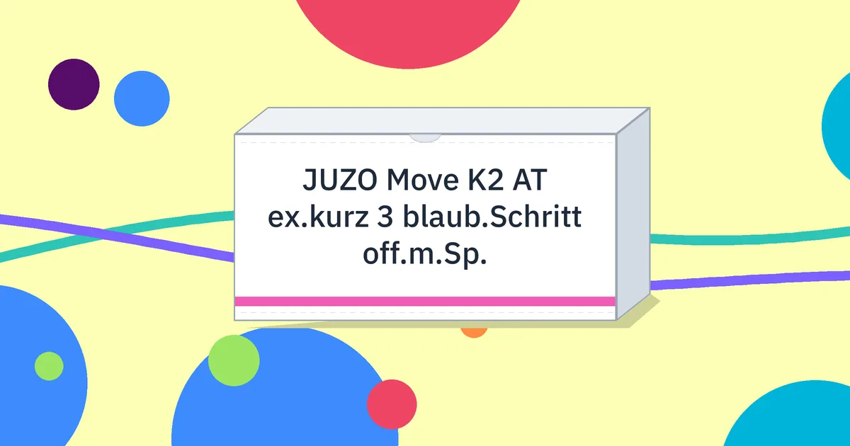 Symbolbild: Packung mit der Aufschrift JUZO Move K2 AT ex.kurz 3 blaub.Schritt off.m.Sp. (PZN 20671340) – Verfügbarkeit und Bezug in Apotheken in Frankfurt am Main