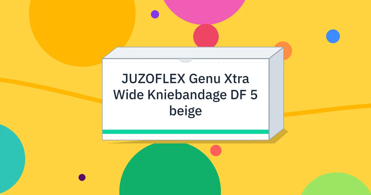 Symbolbild: Packung mit der Aufschrift JUZOFLEX Genu Xtra Wide Kniebandage DF 5 beige (PZN 16497787) – Verfügbarkeit und Bezug in Apotheken in Frankfurt am Main