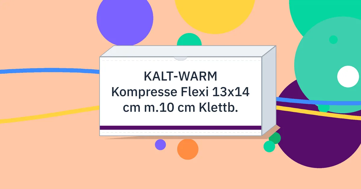 Symbolbild: Packung mit der Aufschrift KALT-WARM Kompresse Flexi 13x14 cm m.10 cm Klettb. (PZN 07105297) – Verfügbarkeit und Bezug in Apotheken in Frankfurt am Main