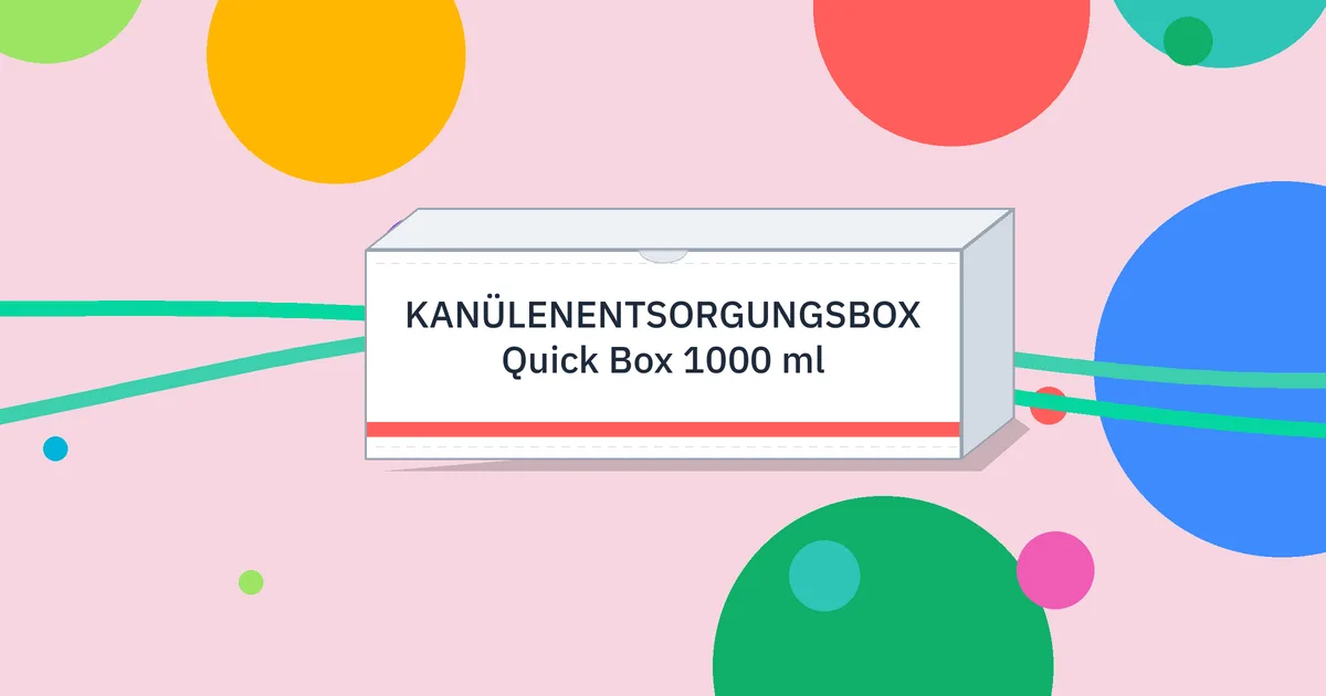 Symbolbild: Packung mit der Aufschrift KANÜLENENTSORGUNGSBOX Quick Box 1000 ml (PZN 09618492) – Verfügbarkeit und Bezug in Apotheken in Frankfurt am Main