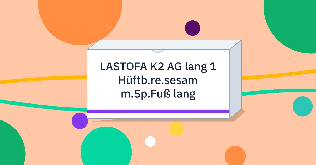 Symbolbild: Packung mit der Aufschrift LASTOFA K2 AG lang 1 Hüftb.re.sesam m.Sp.Fuß lang (PZN 13810568) – Verfügbarkeit und Bezug in Apotheken in Frankfurt am Main