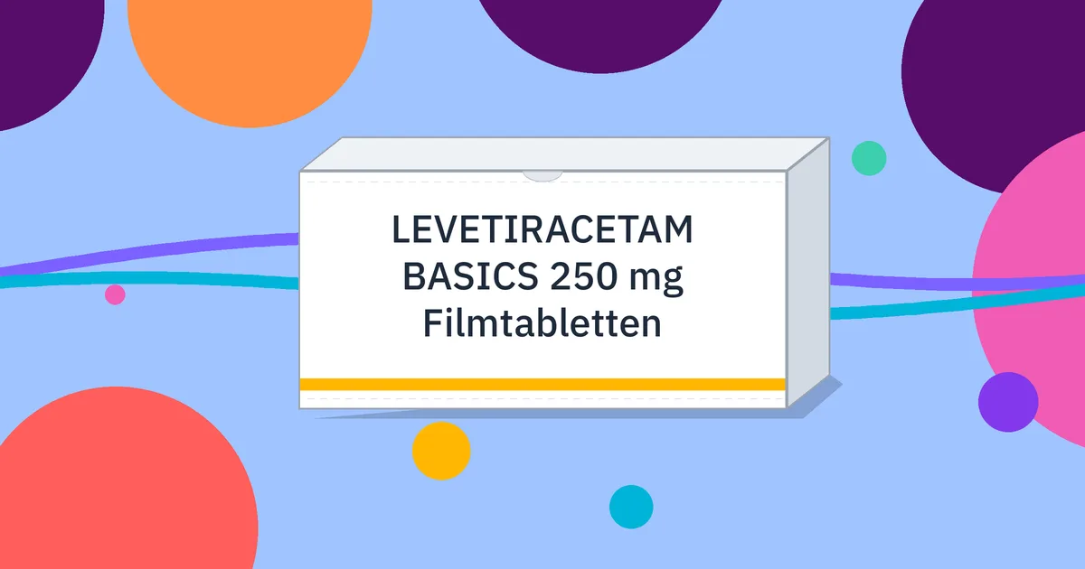 Symbolbild: Packung mit der Aufschrift LEVETIRACETAM BASICS 250 mg Filmtabletten (PZN 09482911) – Verfügbarkeit und Bezug in Apotheken in Frankfurt am Main
