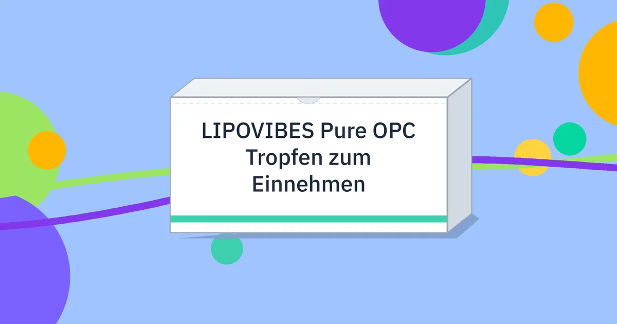Symbolbild: Packung mit der Aufschrift LIPOVIBES Pure OPC Tropfen zum Einnehmen (PZN 17879953) – Verfügbarkeit und Bezug in Apotheken in Frankfurt am Main
