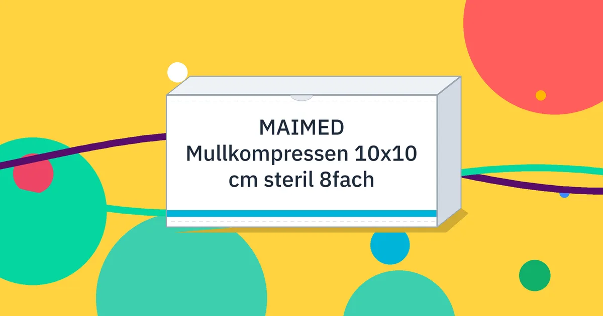 Symbolbild: Packung mit der Aufschrift MAIMED Mullkompressen 10x10 cm steril 8fach (PZN 03182295) – Verfügbarkeit und Bezug in Apotheken in Frankfurt am Main