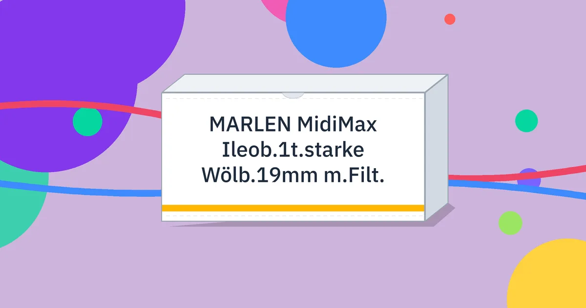 Symbolbild: Packung mit der Aufschrift MARLEN MidiMax Ileob.1t.starke Wölb.19mm m.Filt. (PZN 16658279) – Verfügbarkeit und Bezug in Apotheken in Frankfurt am Main