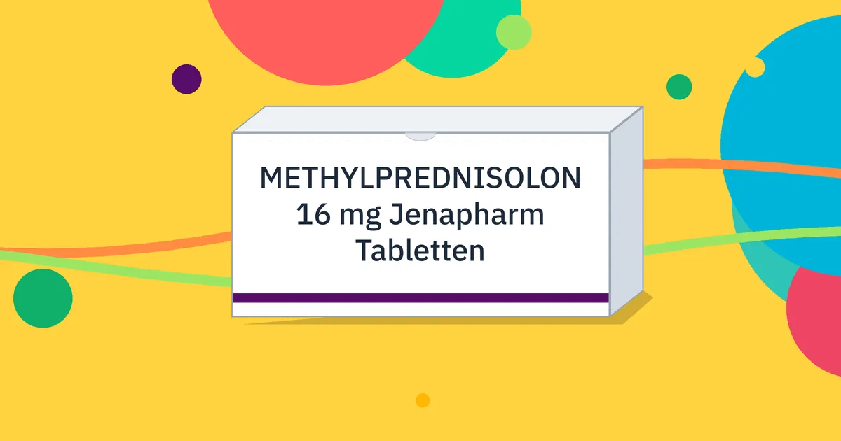 Symbolbild: Packung mit der Aufschrift METHYLPREDNISOLON 16 mg Jenapharm Tabletten (PZN 08424231) – Verfügbarkeit und Bezug in Apotheken in Frankfurt am Main