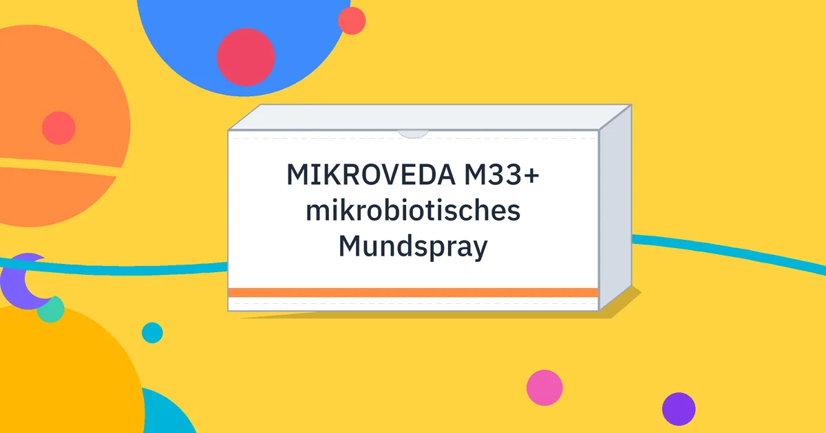Symbolbild: Packung mit der Aufschrift MIKROVEDA M33+ mikrobiotisches Mundspray (PZN 17541102) – Verfügbarkeit und Bezug in Apotheken in Frankfurt am Main