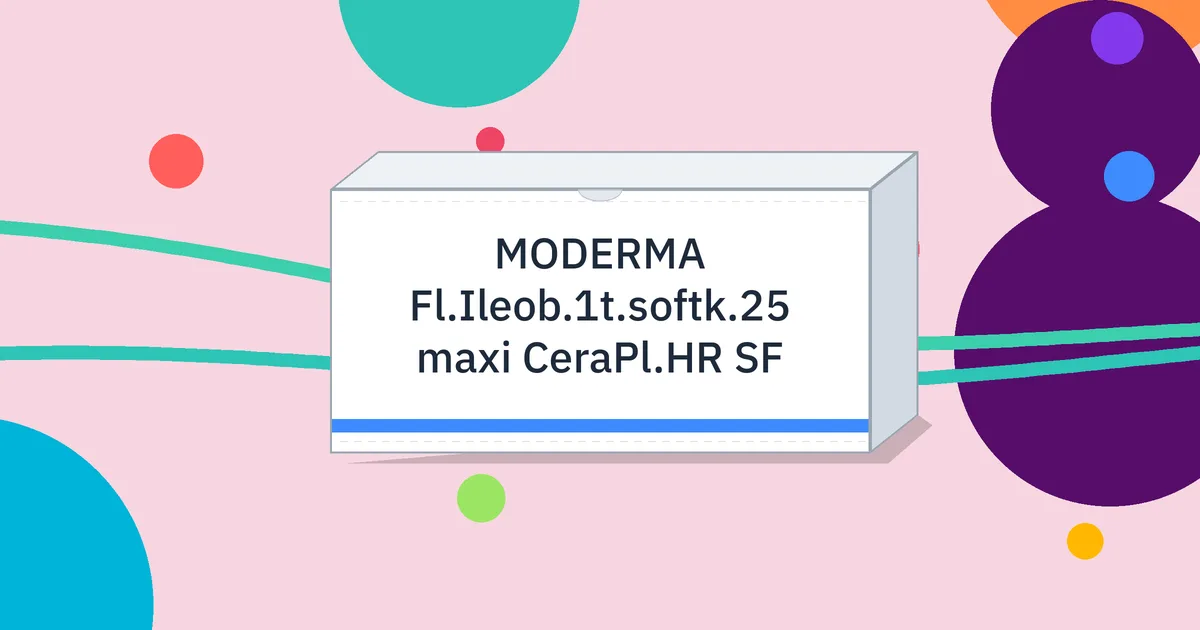 Symbolbild: Packung mit der Aufschrift MODERMA Fl.Ileob.1t.softk.25 maxi CeraPl.HR SF (PZN 12417449) – Verfügbarkeit und Bezug in Apotheken in Frankfurt am Main