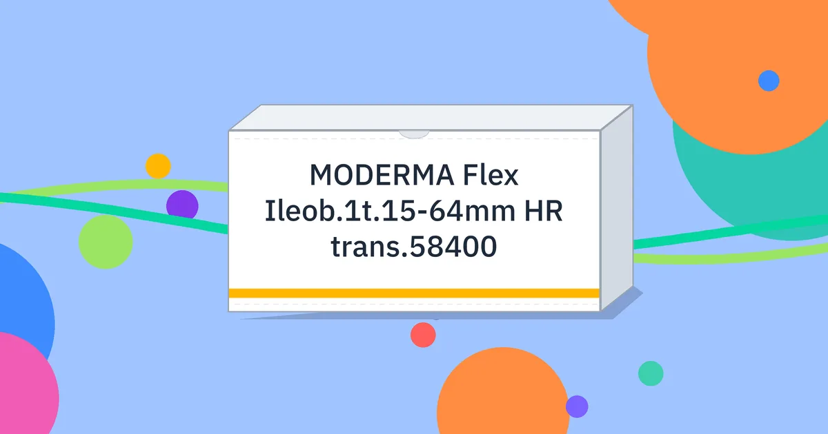 Symbolbild: Packung mit der Aufschrift MODERMA Flex Ileob.1t.15-64mm HR trans.58400 (PZN 09066704) – Verfügbarkeit und Bezug in Apotheken in Frankfurt am Main