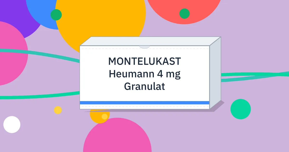 Symbolbild: Packung mit der Aufschrift MONTELUKAST Heumann 4 mg Granulat (PZN 15250487) – Verfügbarkeit und Bezug in Apotheken in Frankfurt am Main