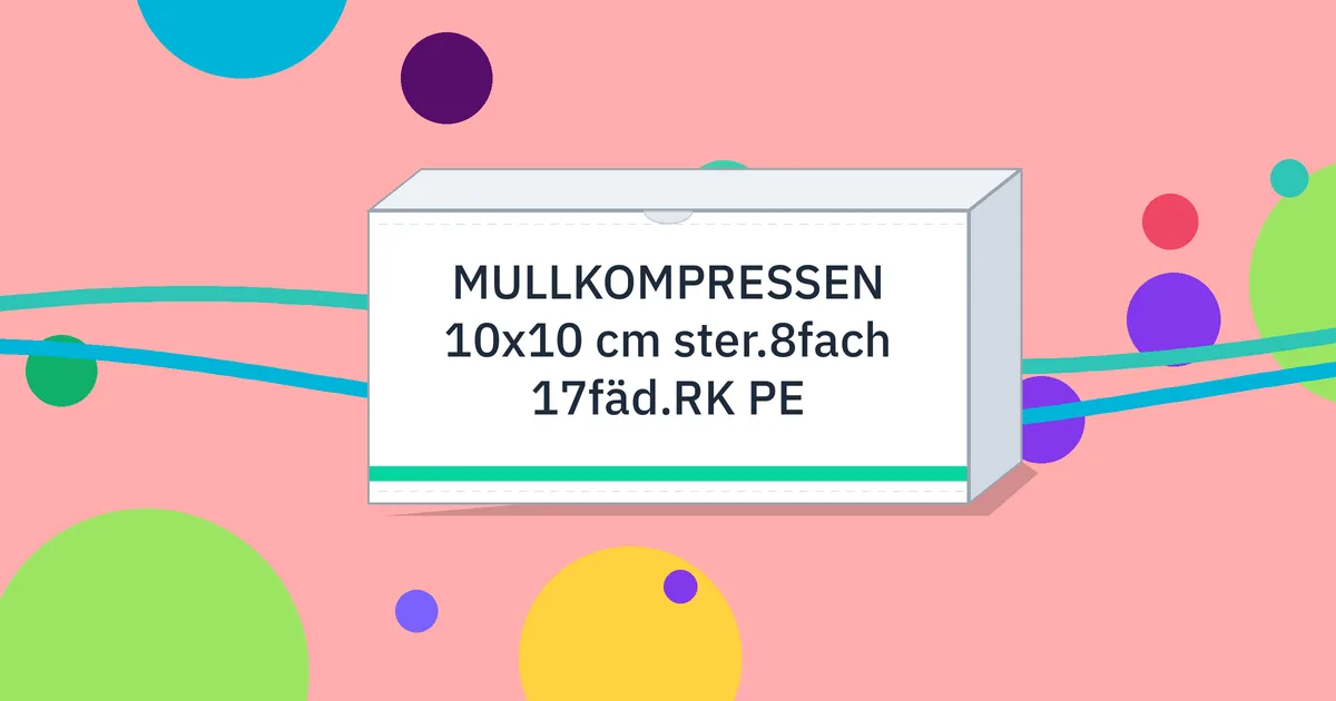 Symbolbild: Packung mit der Aufschrift MULLKOMPRESSEN 10x10 cm ster.8fach 17fäd.RK PE (PZN 06929441) – Verfügbarkeit und Bezug in Apotheken in Frankfurt am Main