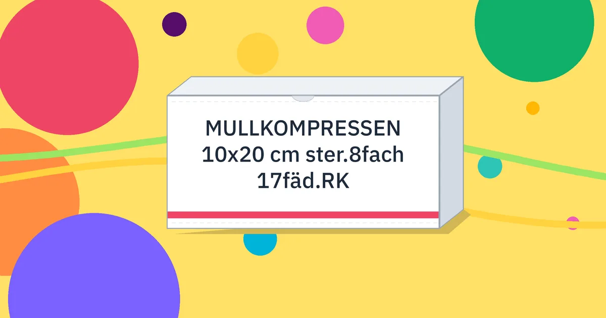 Symbolbild: Packung mit der Aufschrift MULLKOMPRESSEN 10x20 cm ster.8fach 17fäd.RK (PZN 06929694) – Verfügbarkeit und Bezug in Apotheken in Frankfurt am Main