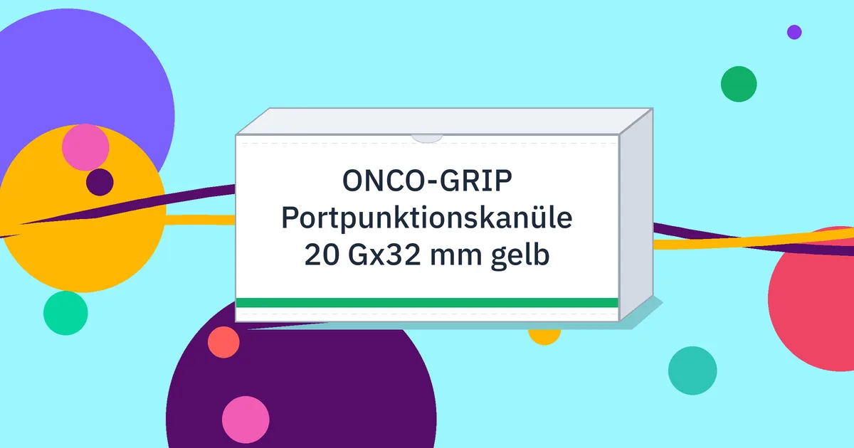 Symbolbild: Packung mit der Aufschrift ONCO-GRIP Portpunktionskanüle 20 Gx32 mm gelb (PZN 09199701) – Verfügbarkeit und Bezug in Apotheken in Frankfurt am Main