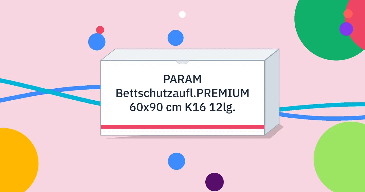 Symbolbild: Packung mit der Aufschrift PARAM Bettschutzaufl.PREMIUM 60x90 cm K16 12lg. (PZN 16871599) – Verfügbarkeit und Bezug in Apotheken in Frankfurt am Main