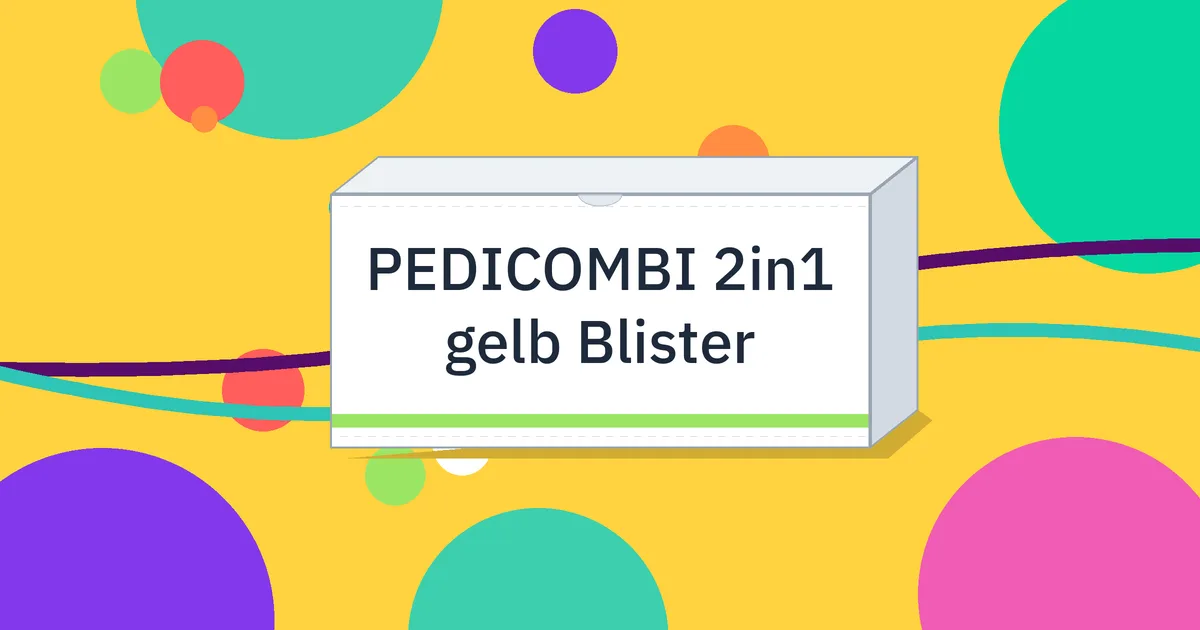 Symbolbild: Packung mit der Aufschrift PEDICOMBI 2in1 gelb Blister (PZN 01600759) – Verfügbarkeit und Bezug in Apotheken in Frankfurt am Main