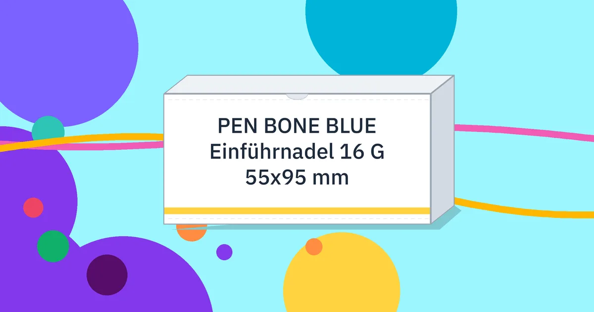 Symbolbild: Packung mit der Aufschrift PEN BONE BLUE Einführnadel 16 G 55x95 mm (PZN 16919863) – Verfügbarkeit und Bezug in Apotheken in Frankfurt am Main